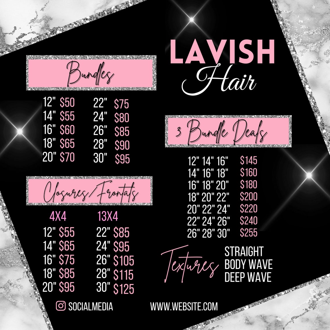 Hair Price List Price List Template Marble Price List - Etsy