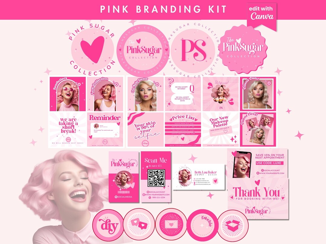 Pink Branding Kit for Small Business, Editable Canva Templates for ...