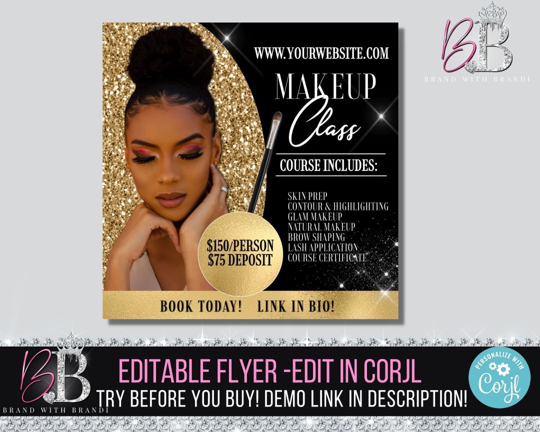 Makeup Class Flyer, Makeup Tutorial E-flyer, Training Class Flyer, Gold ...