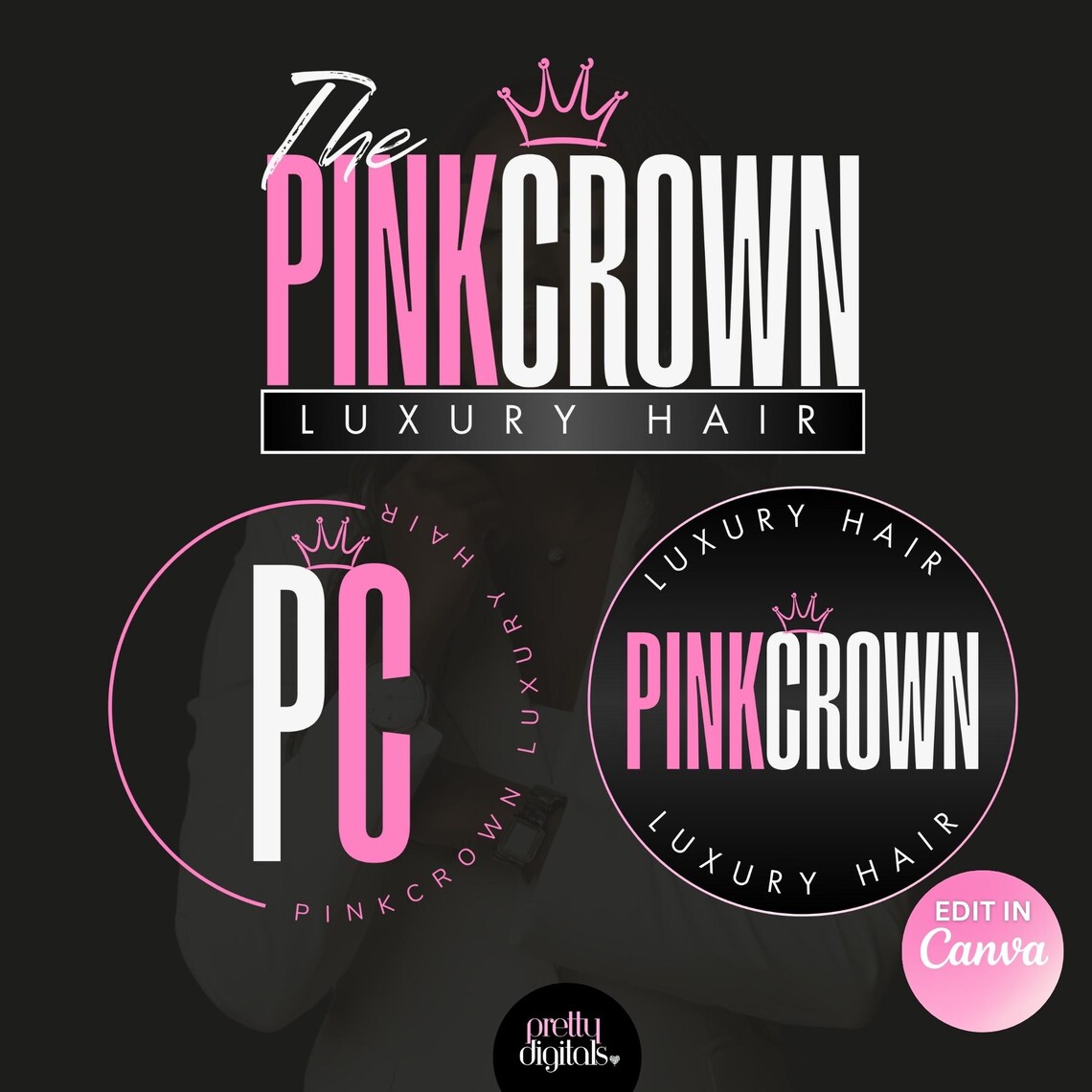 Hair Salon Logo Design, Pink Hair Extensions Logo Editable in Canva ...