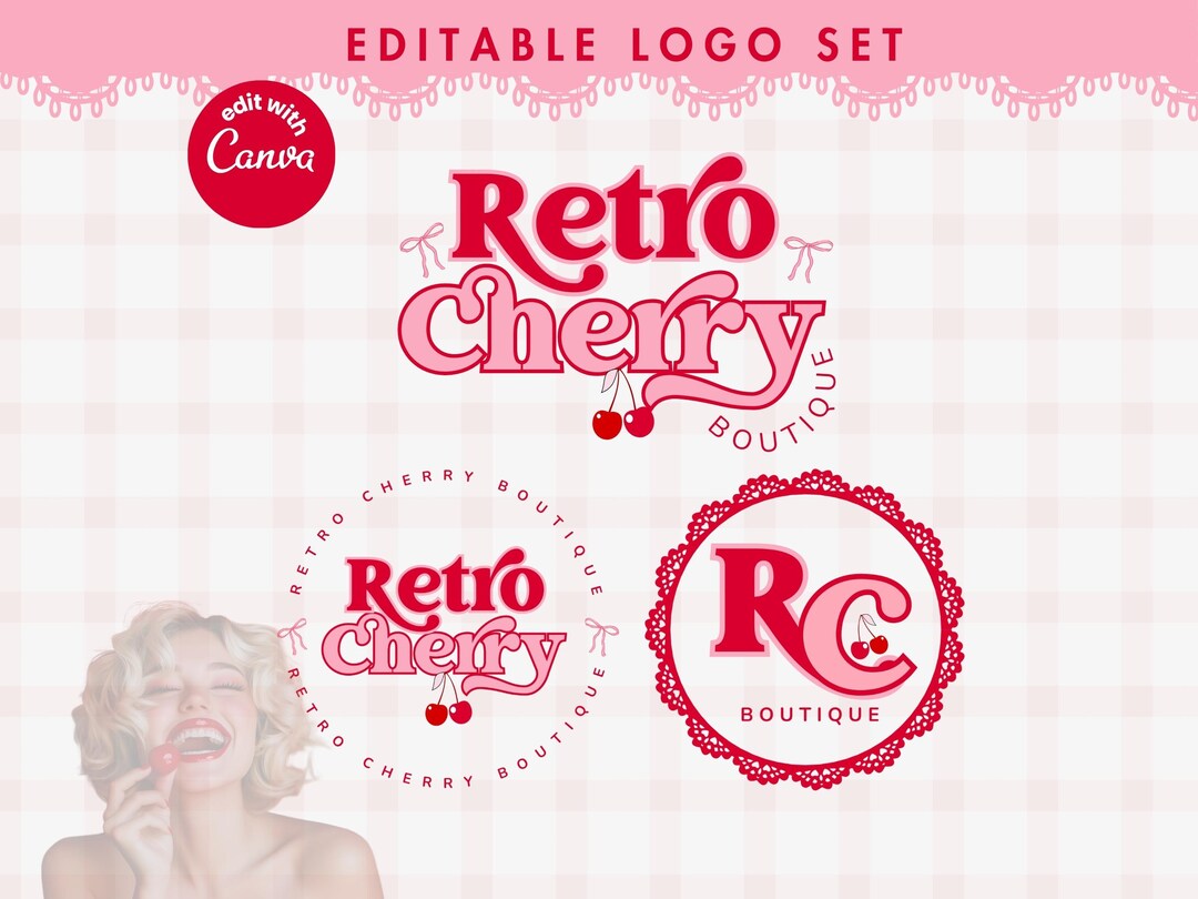Coquette Logo Design Template: Retro Cherry Bows (canva Editable) - Etsy