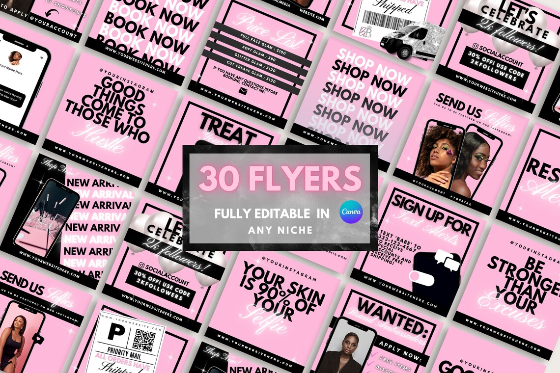 Social Media Posts, 30 Editable Instagram Flyers, Pink and Black IG ...