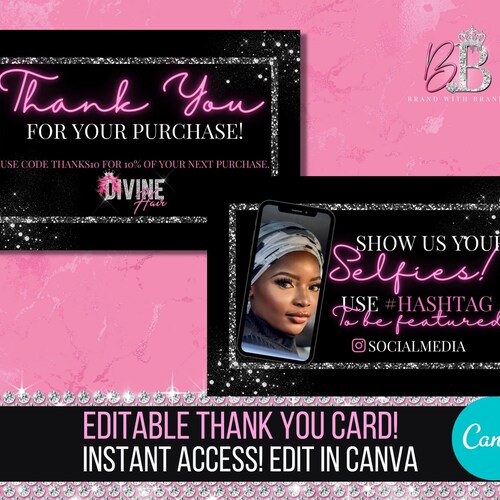 Thank You Card Design Neon Marketing Card Editable Thank You - Etsy