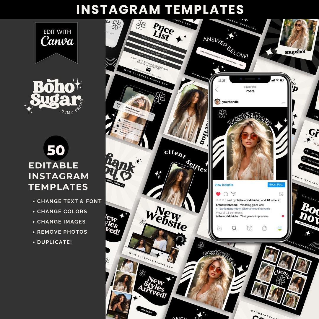 Social Media Templates, 50 Editable Retro Instagram Flyers, Black and ...