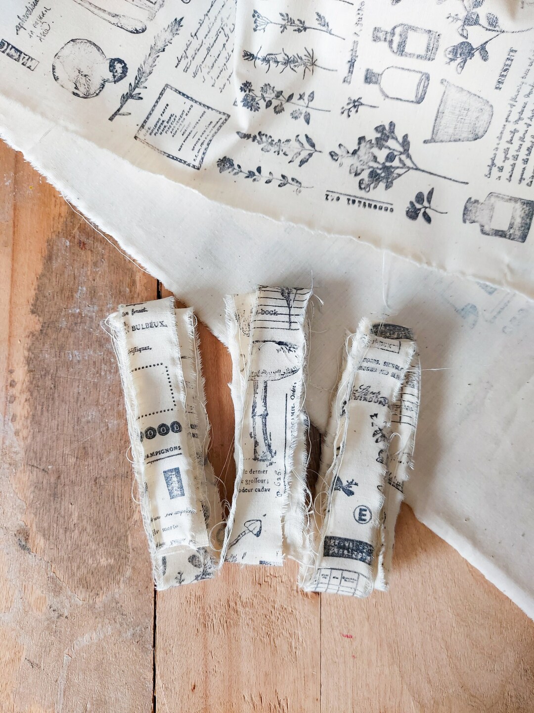 Set of 3 Hand Stamped and Hand Torn Cotton Fabric Ribbons - Etsy