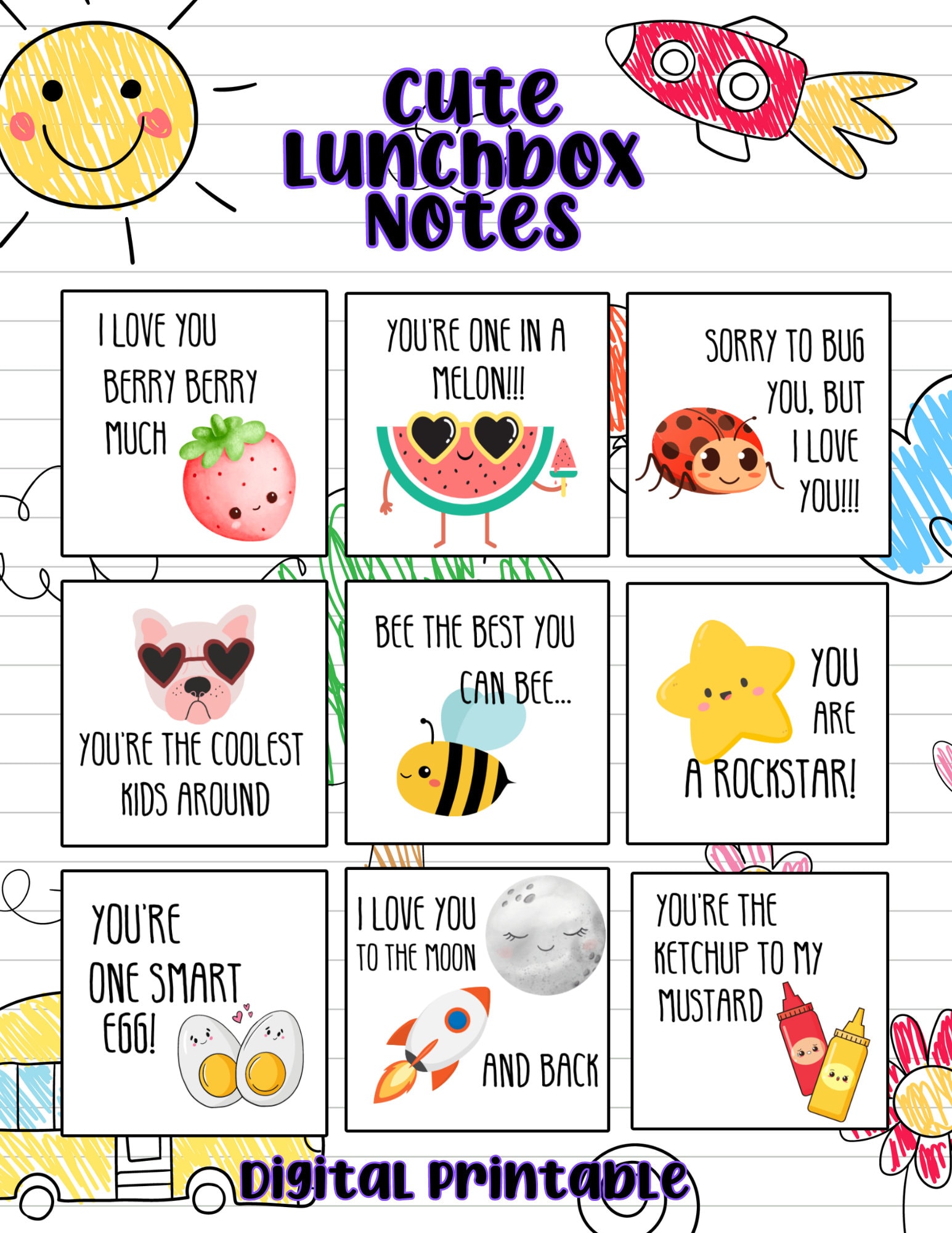 Lunchbox Notes Printable | Cute | Kids | Parents | School | Digital - Etsy