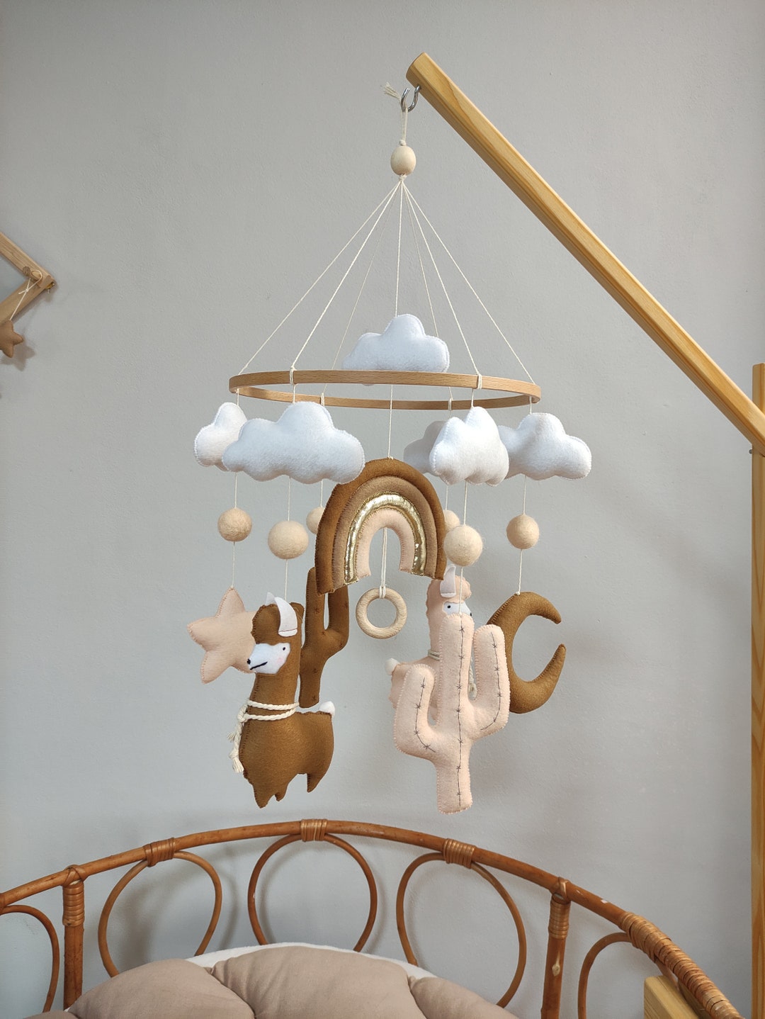 Neutral Desert Baby Mobile With Rainbow, Llama and Cactus | Boho ...