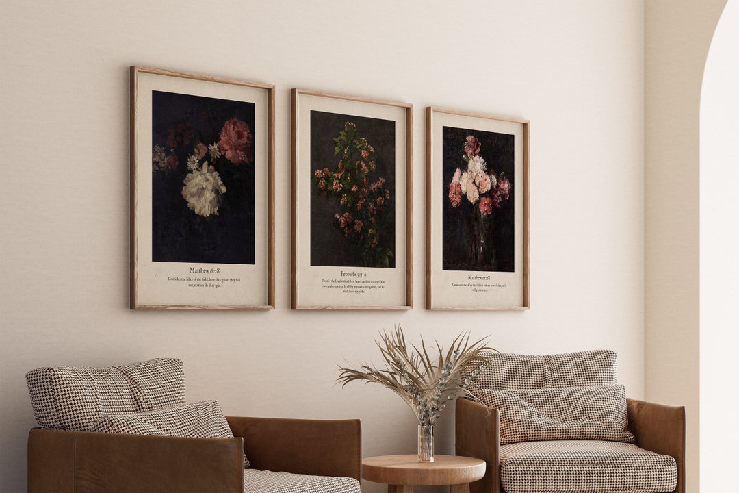 Christian Gallery Set of 3 / Moody Floral Faith Verses / Christian Art ...