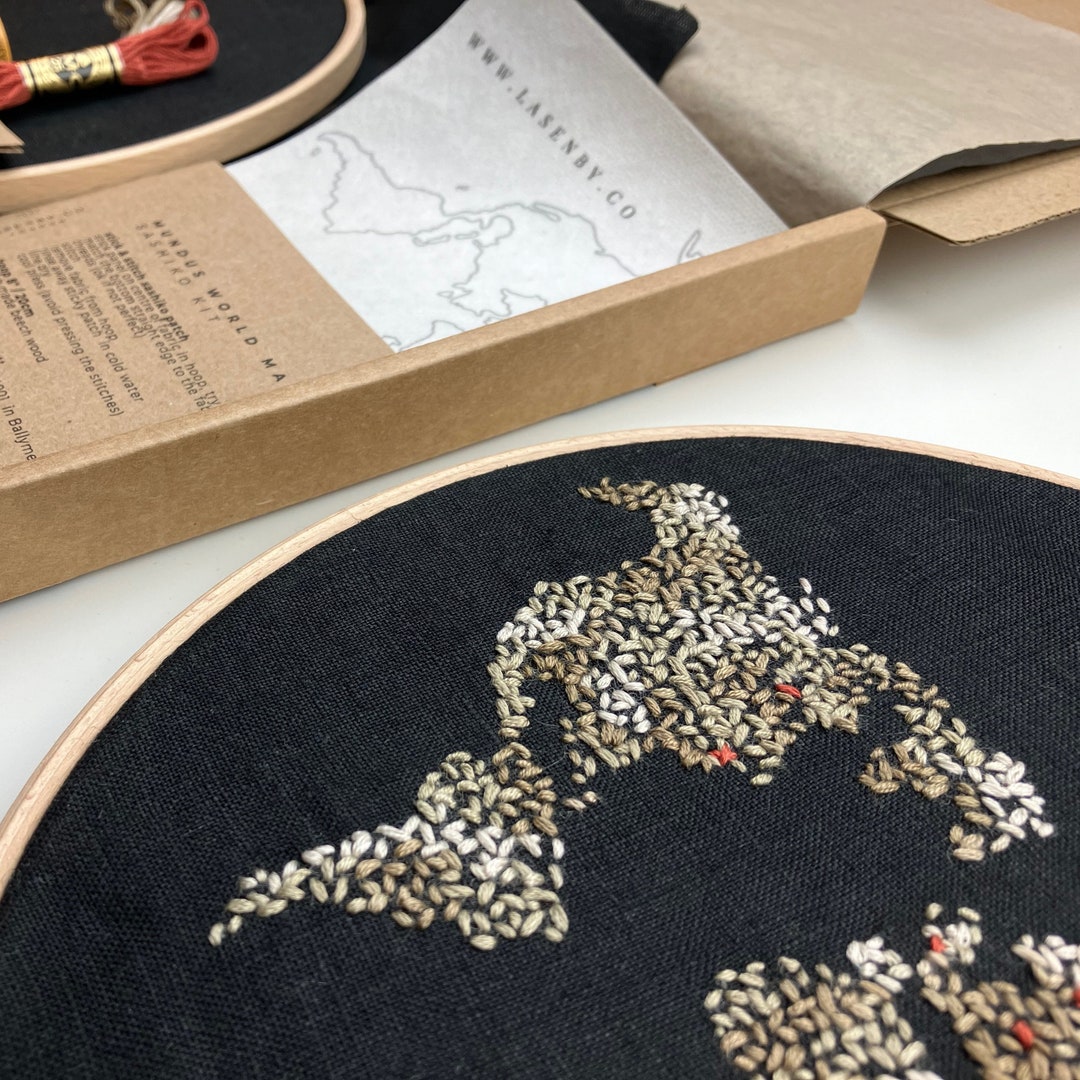 KIT Sashiko Embroidery World Map Black Beige Mens Gift Wellness Mental ...