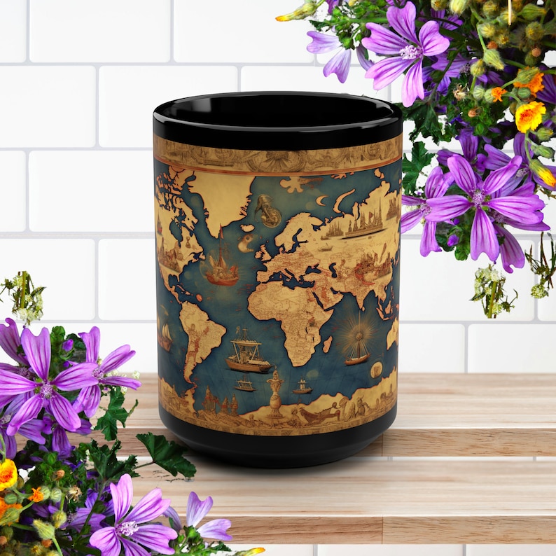 Ancient Map of the World Medieval Travel on Black Mug, 15oz for History ...
