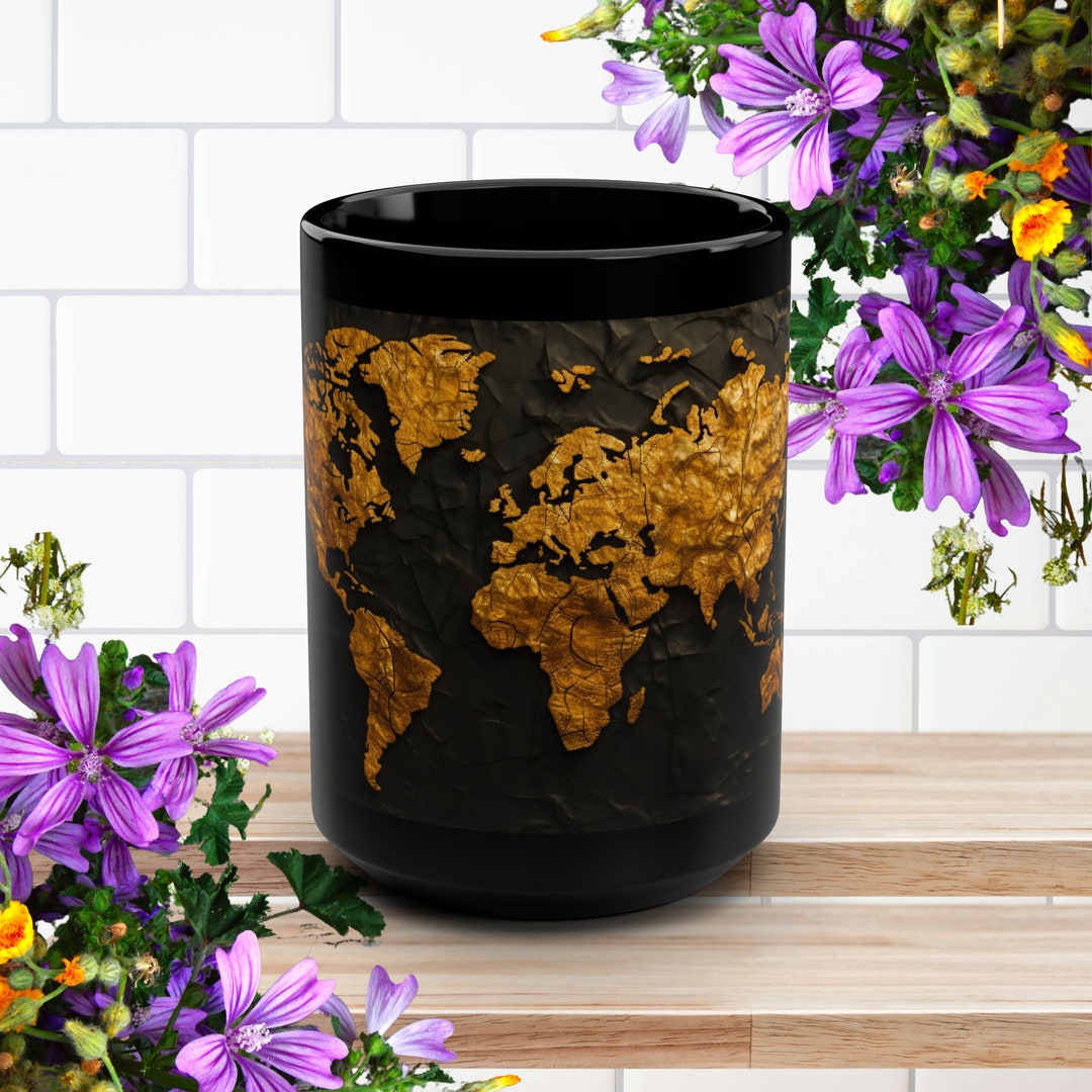Golden Medieval Ancient Map of the World Fantasy Travel on Black Mug ...