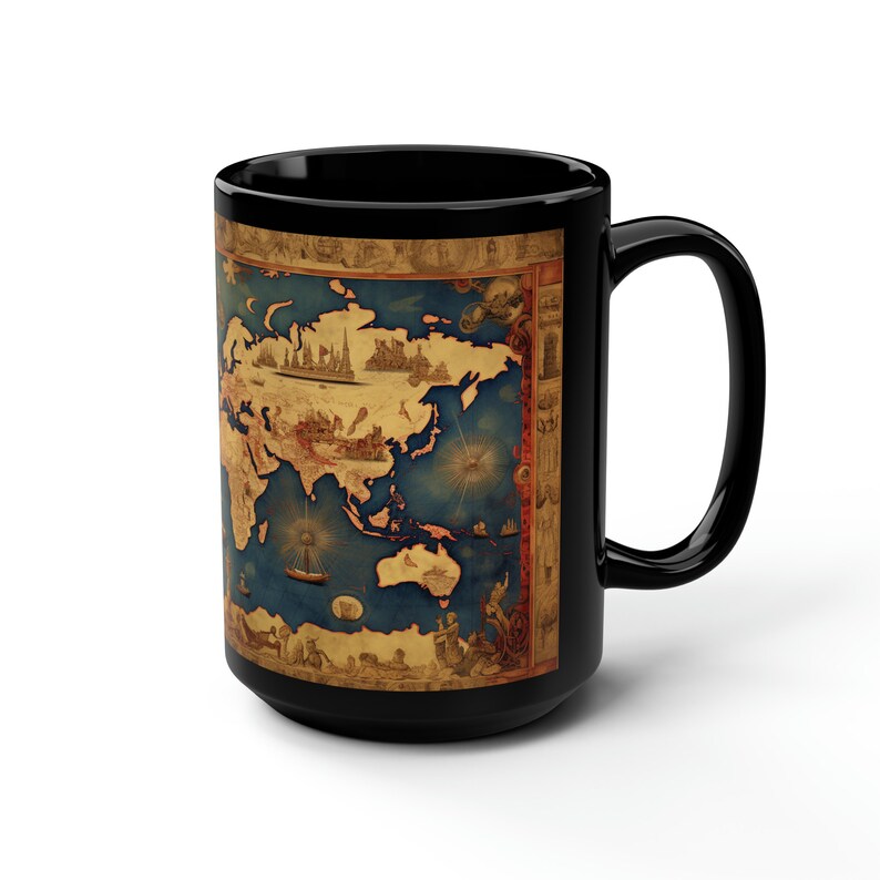 Ancient Map of the World Medieval Travel on Black Mug, 15oz for History ...