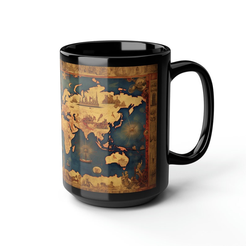 Ancient Map of the World Medieval Travel on Black Mug, 15oz for History ...