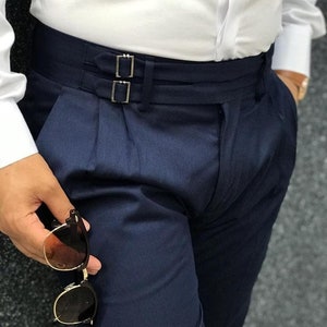 Men Blue Pant Tailor Made Cotton Majestic Gurkha Dress Pants Double ...