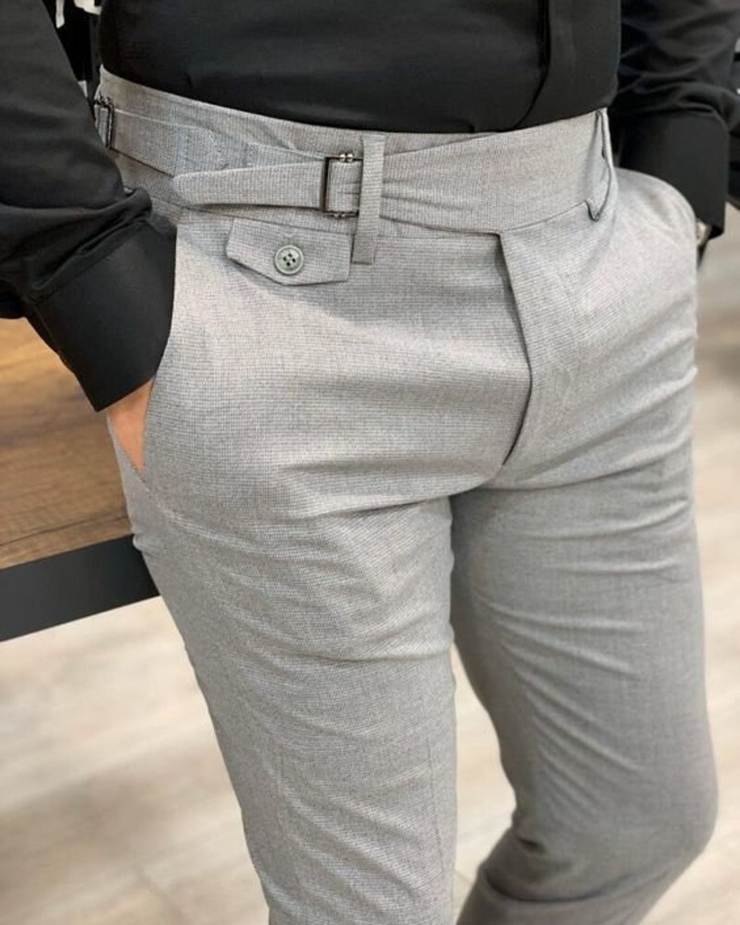 Men Custom Made Cotton Grey Gurkha Pants Buckle Closure Bottom Cuff ...