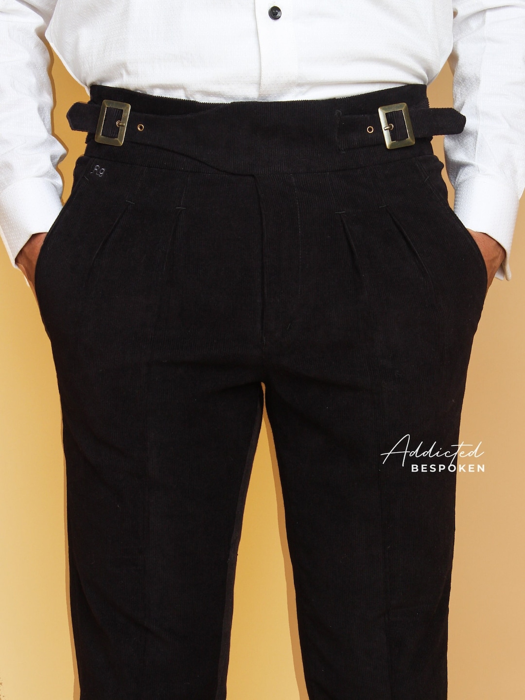 Men's Custom Made Black Corduroy Gurkha Trouser Button Closure Buckle ...