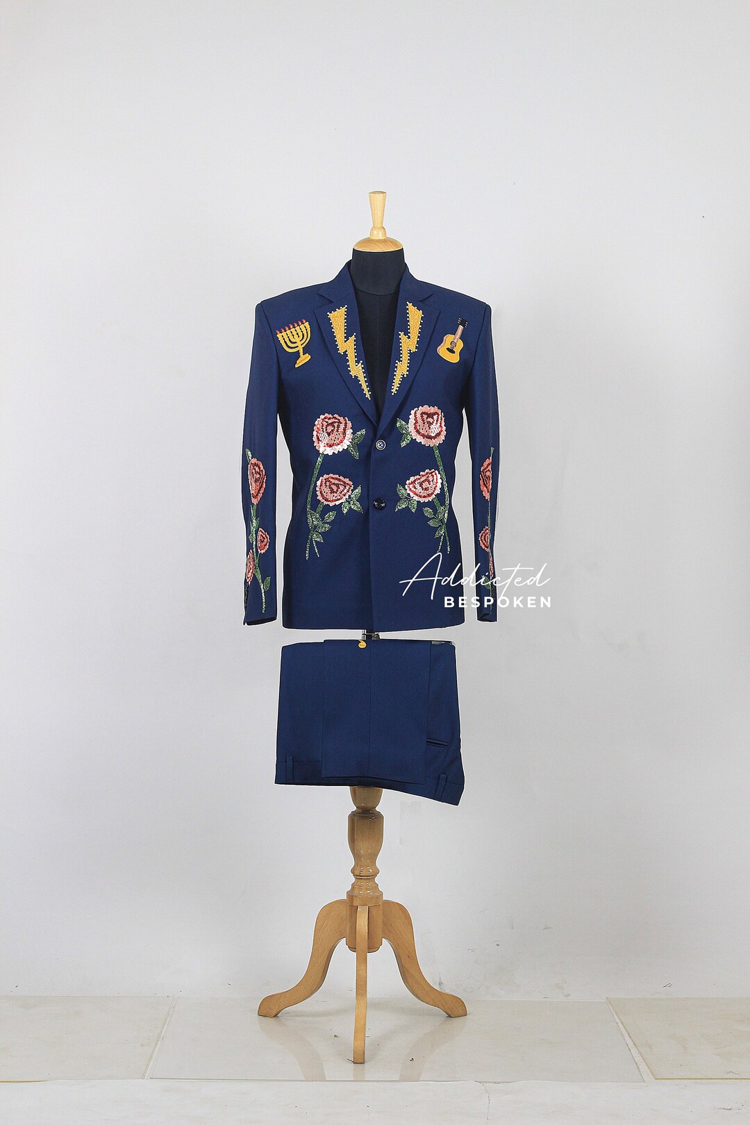 Men's Custom Made Western Wedding 2 Piece Suit Blue Floral & Sequin ...