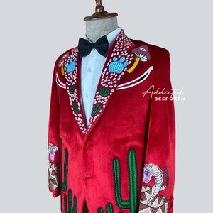 Men Tailor Made Western 2 Piece Suit Red Velvet Cactus Embroidered ...
