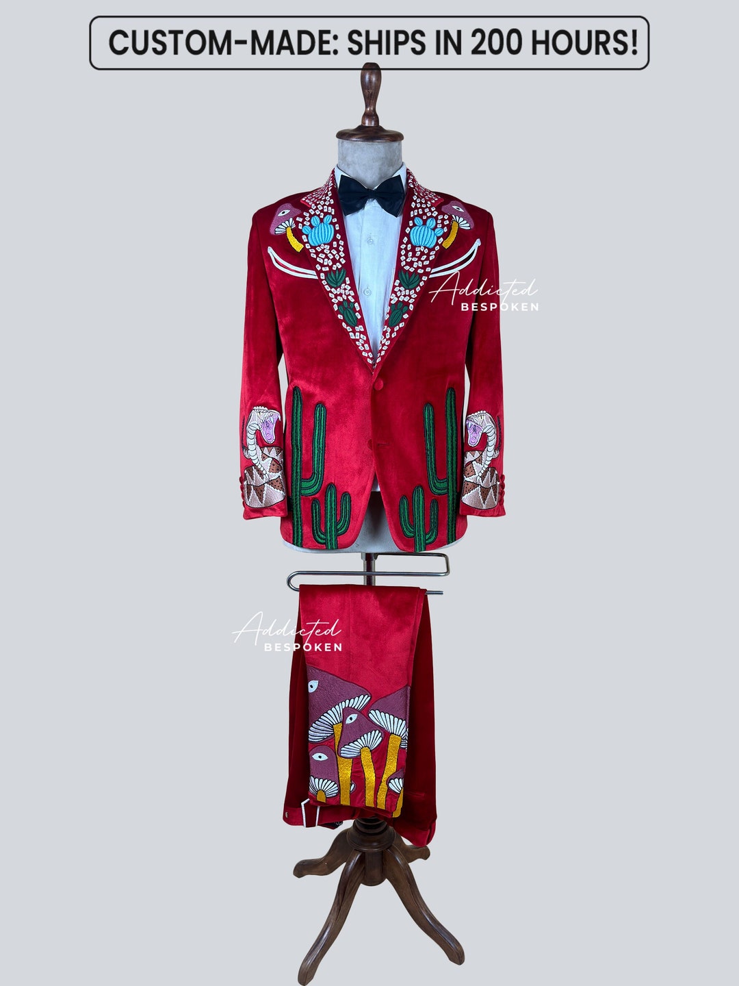 Men Tailor Made Western 2 Piece Suit Red Velvet Cactus Embroidered ...