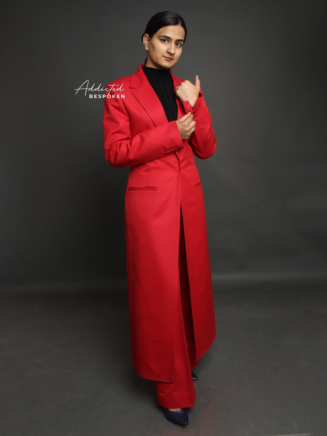 Women's Tailor Made Red Cotton 2pc Suit Single Breasted Long Coat With ...