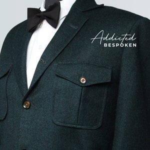 Men's Safari Bush Jacket Emerald Wool Notch Lapel Formal Chest Waist ...