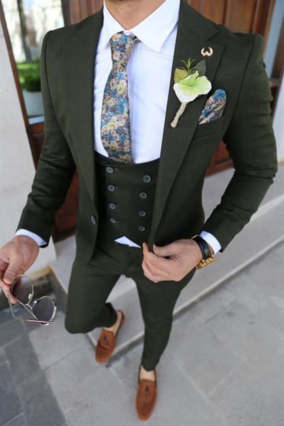 Men Custom Made 3 Piece Formal Suit Green Cotton Designer Vest | Etsy