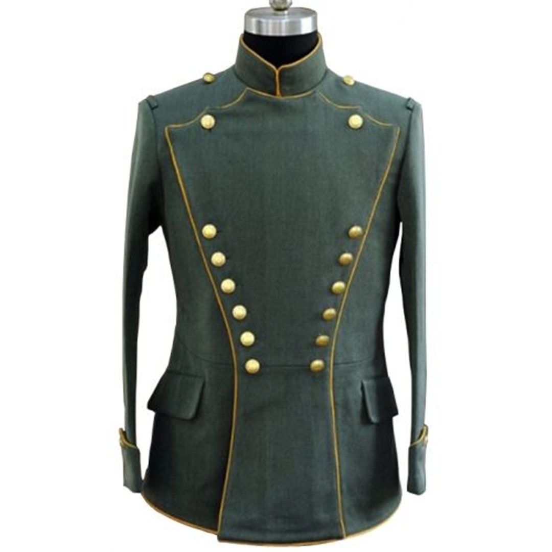 Men Military Style Green Jacket Mandarin Collar Golden Buttons With ...