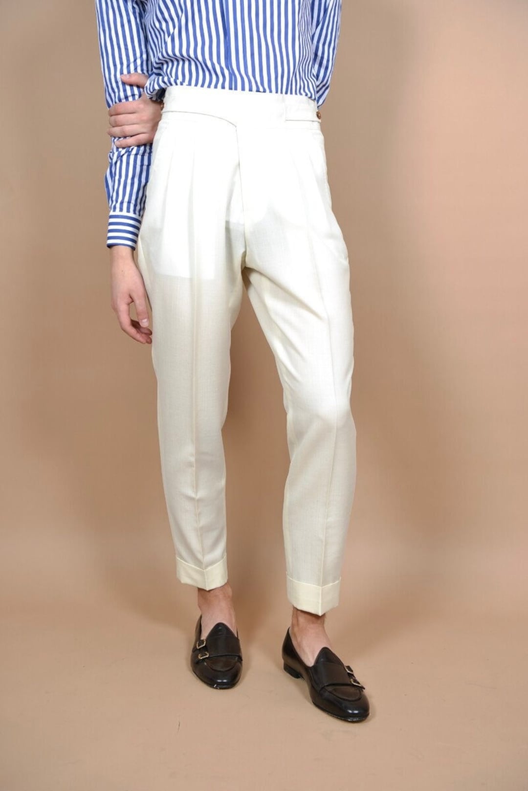 Men Tailor Made White Cotton Gurkha Pant Double Pleated Button Closure ...