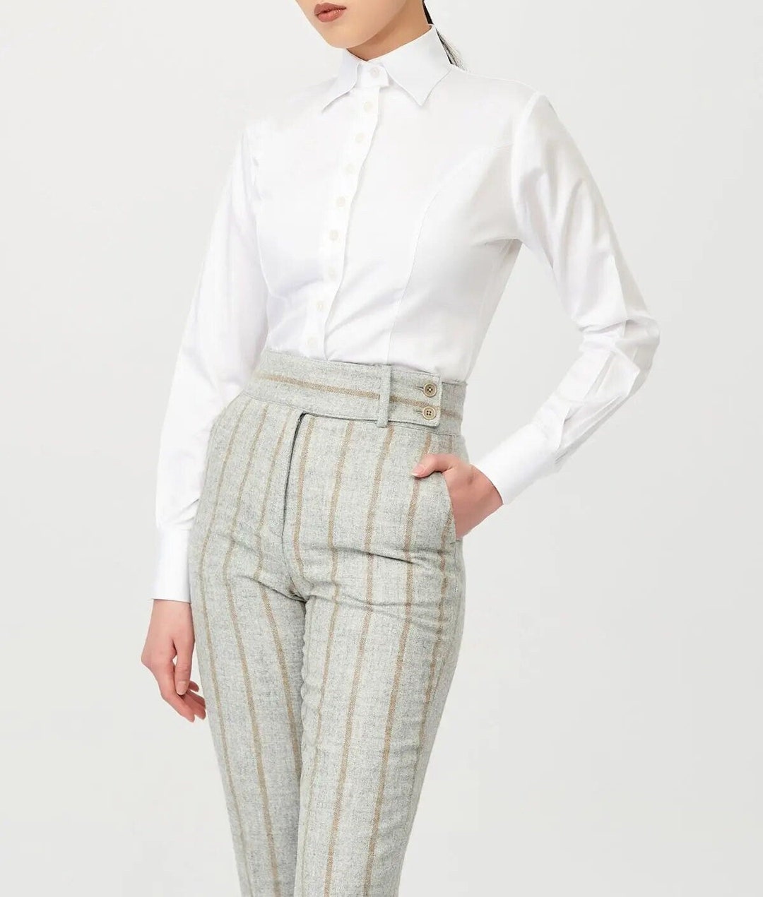 Women Tailor Made White Cotton Formal Top Functional Cuff Button ...