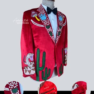 Men Tailor Made Western 2 Piece Suit Red Velvet Cactus Embroidered ...
