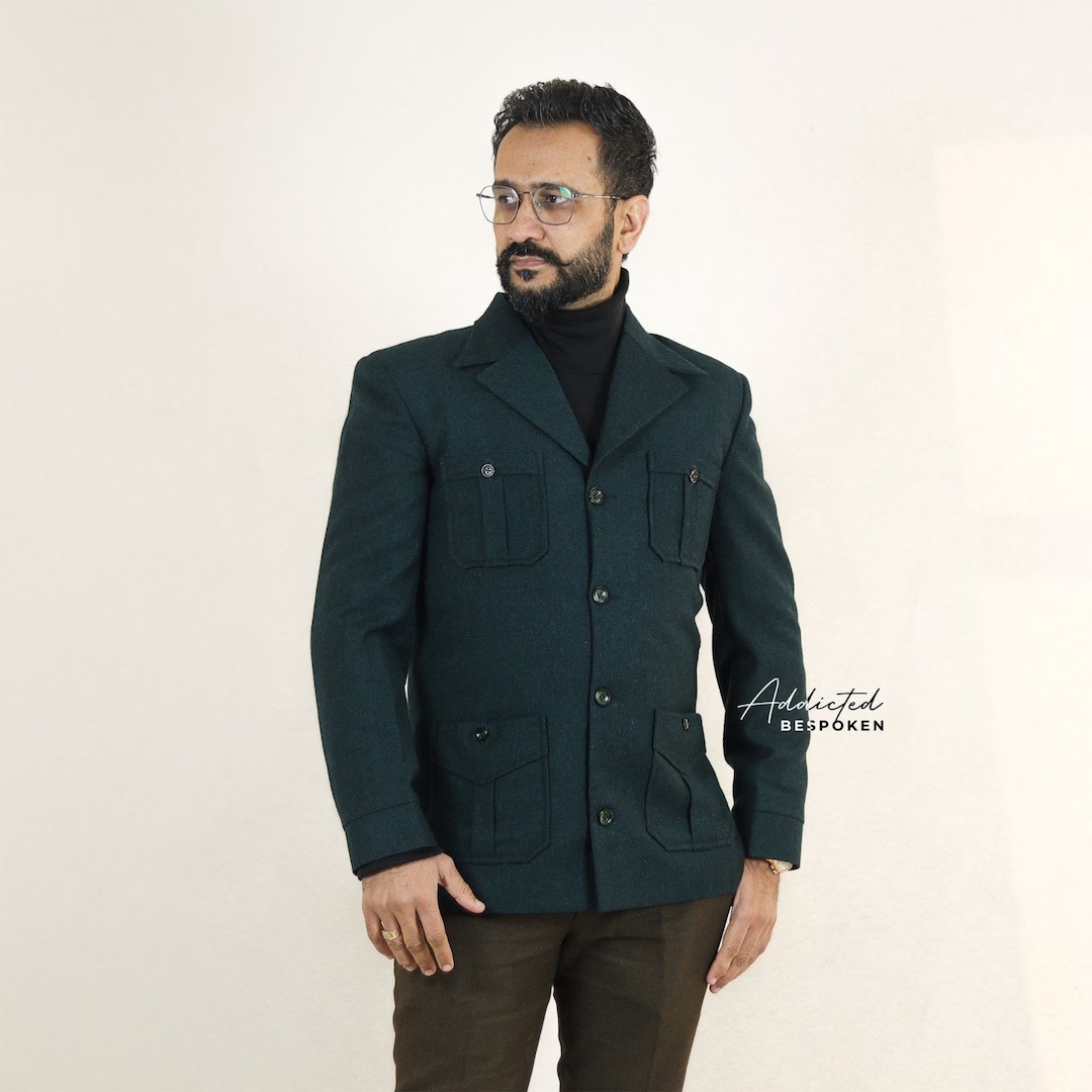 Men's Safari Bush Jacket Emerald Wool Notch Lapel Formal Chest Waist ...