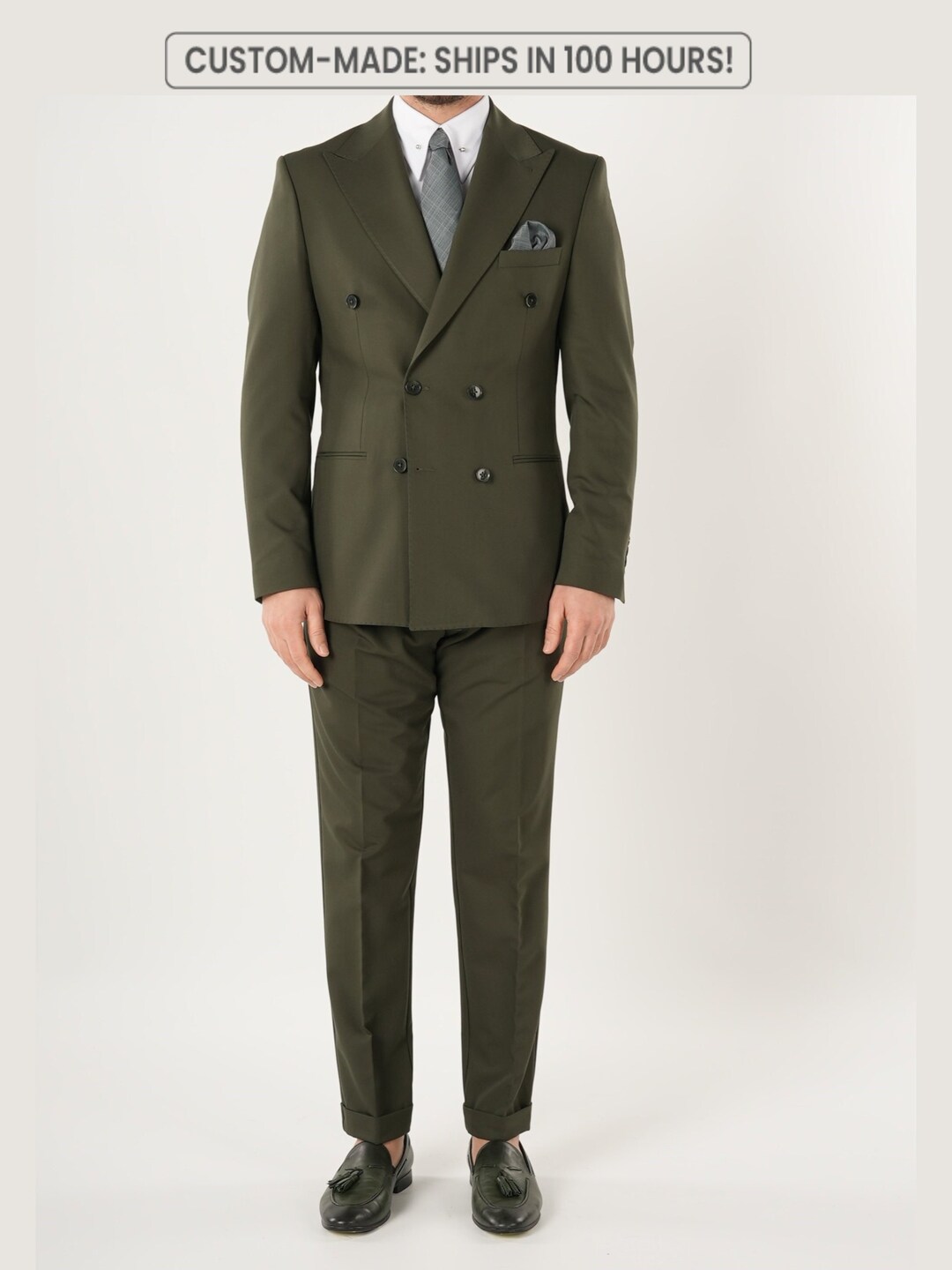 Men Green Cotton Tailor Made 2 Piece Suit Peak Lapel Double Breasted ...