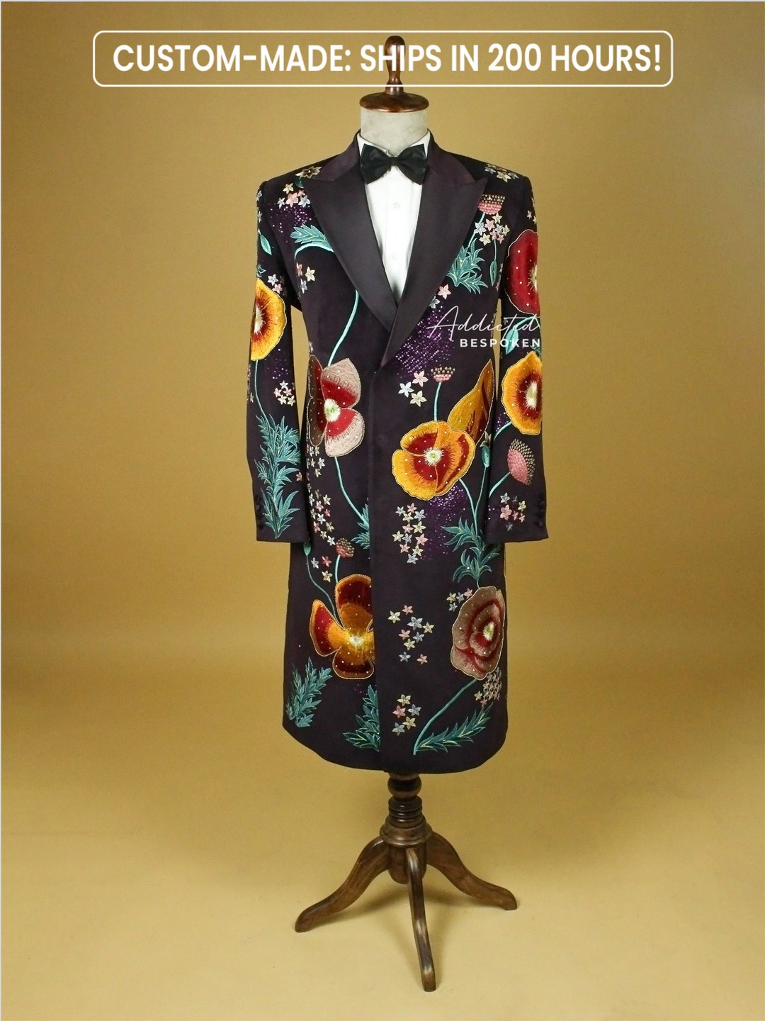 Men Designer Purple Velvet Floral Embroidered Long Coat Overlapped Peak ...