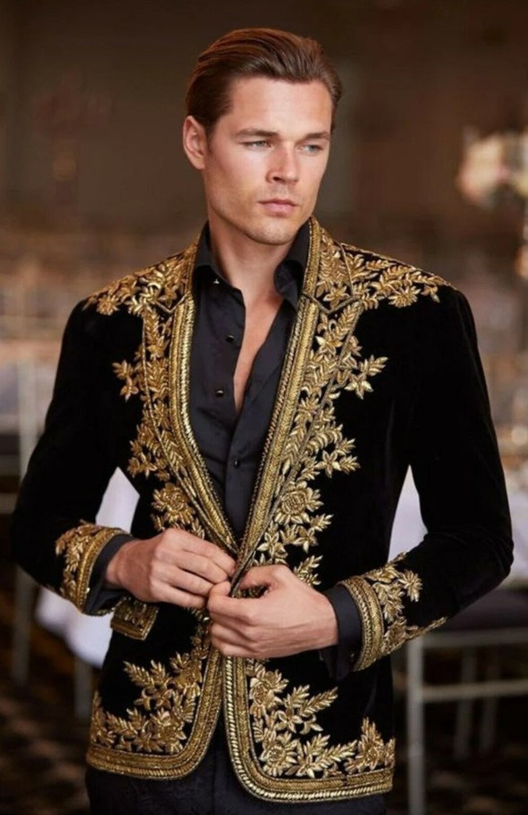 Wholesale Prices Black Men Suits Beaded Applique Tuxedo Single Breasted 