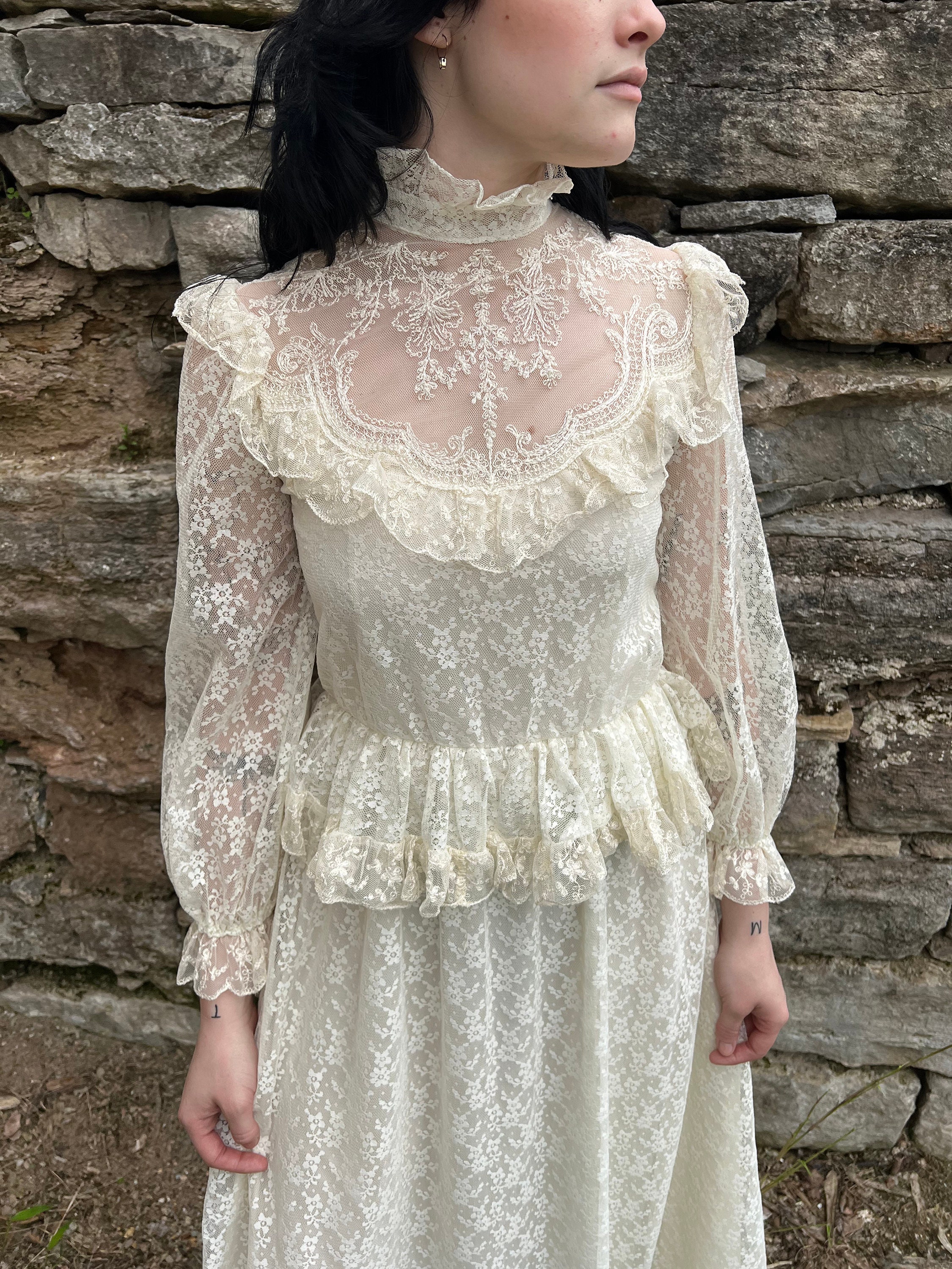 Vintage 70s Flowerchild White Long Sleeve Lace High Neck Wedding Dress / Prairie Girl Style ...