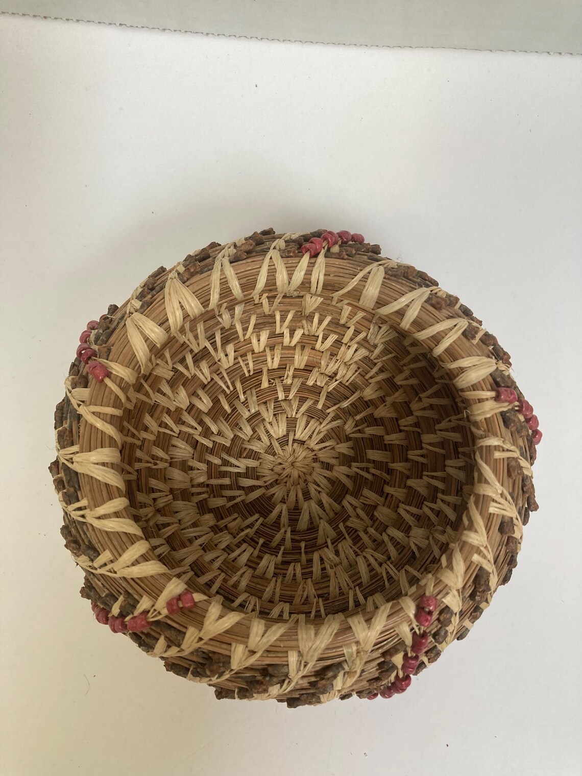 Handmade Pine Needle Basket With Raffia and Glass Beads - Etsy
