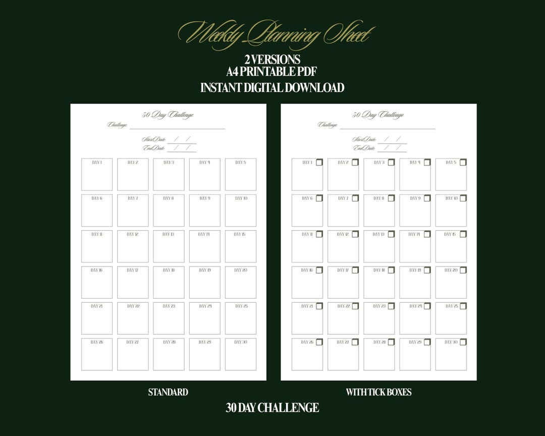 30 Day Challenge Printable Tracker Sheet A4 Page Instant Download PDF ...