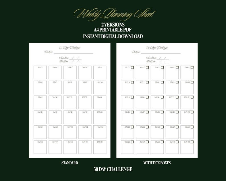 30 Day Challenge Printable Tracker Sheet A4 Page Instant Download PDF ...