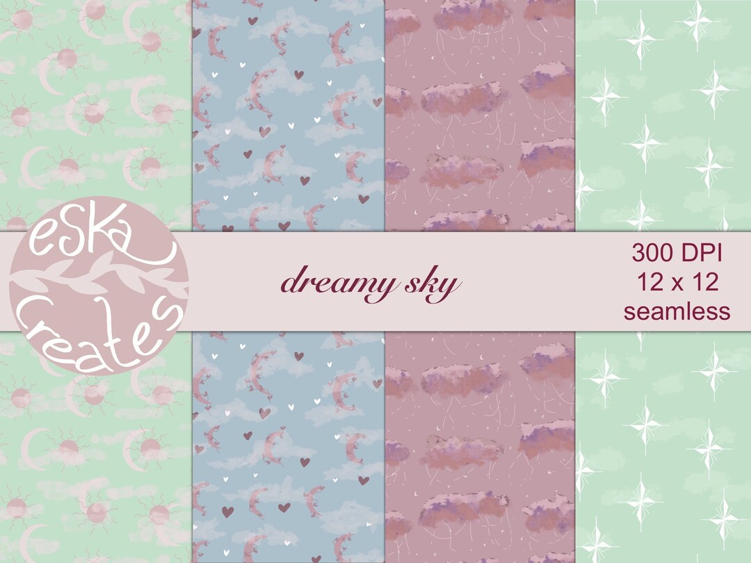 4x Seamless Digital Paper Dreamy Sky, Moon, Clouds, Digital Backgrounds ...
