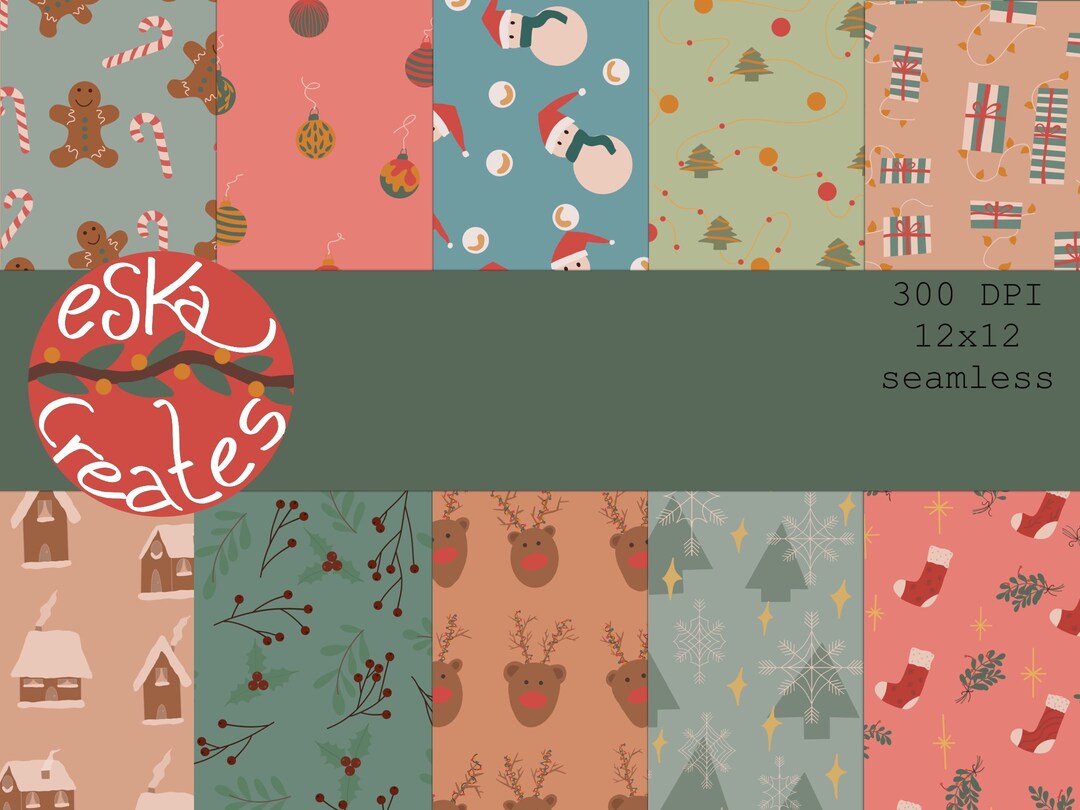 10x Christmas Seamless Digital Pattern, Boho, Pastel, Scrapbooking ...