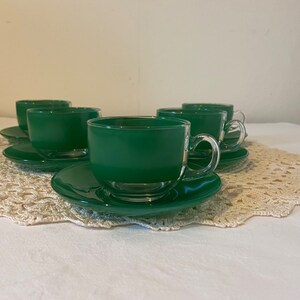 Vintage French ARC Arcopal Cups and Saucers Set of 5 Two Tone Green and ...