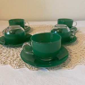 Vintage French ARC Arcopal Cups and Saucers Set of 5 Two Tone Green and ...