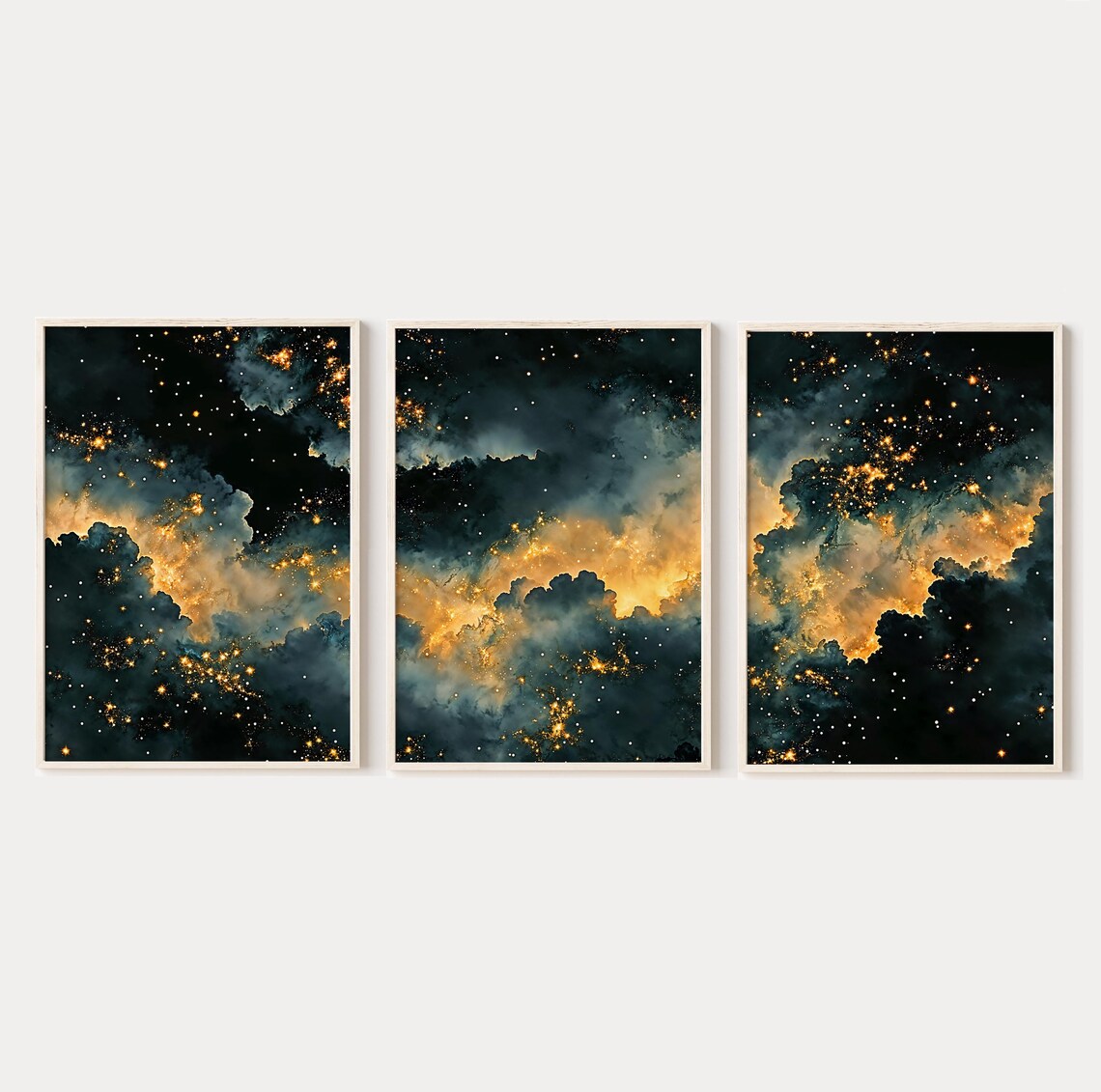 Moody Celestial Prints Set of 3, Starry Night Sky Paintings, Dark Blue ...
