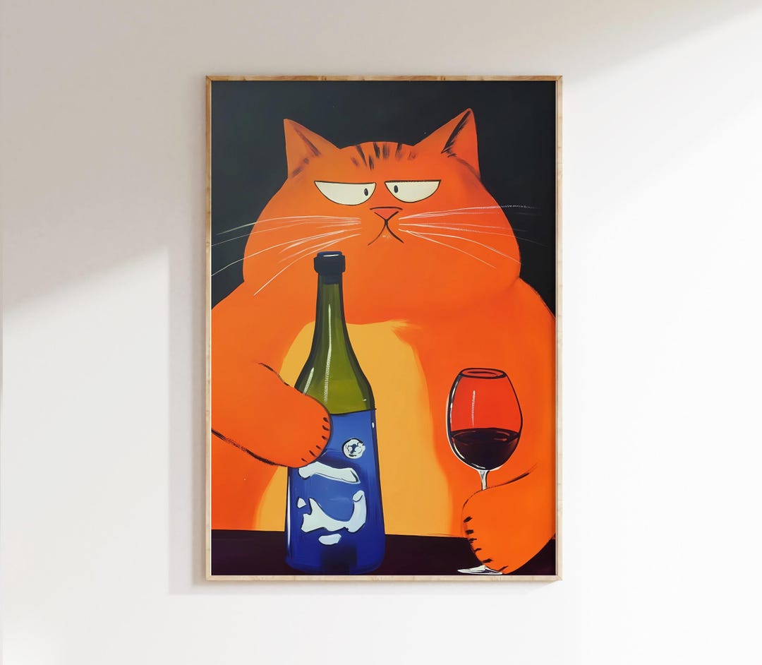 Cat With Wine Print, Bar Red Cat Poster, Trendy Cheers Wall Art, Modern ...