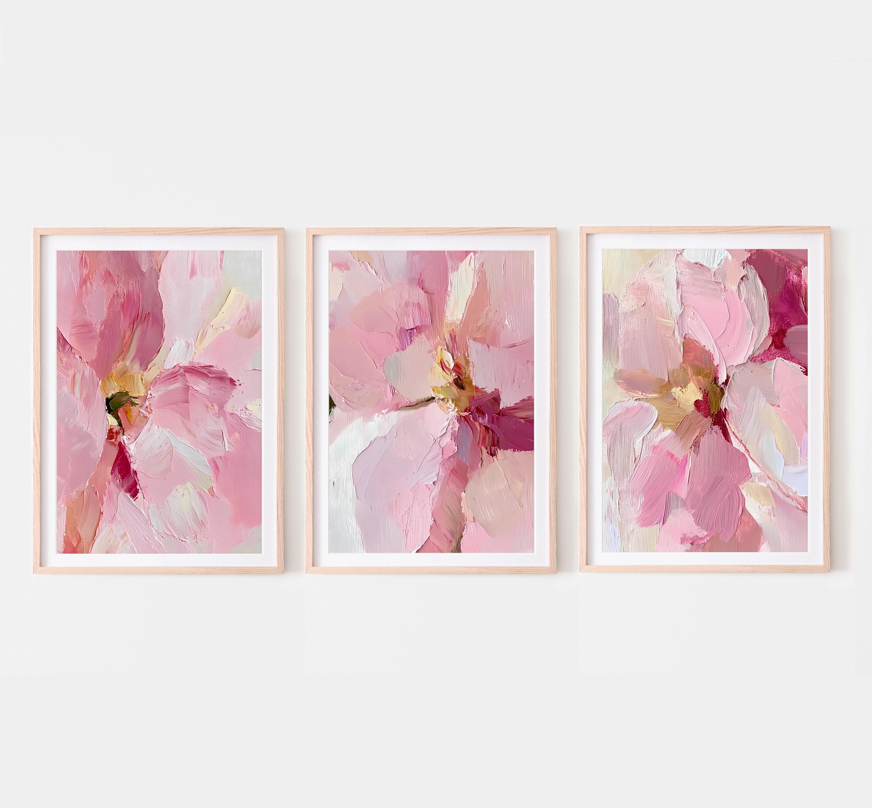 Abstract Pink Flowers Painting, Blush Pastel Pink Floral Prints Set of ...