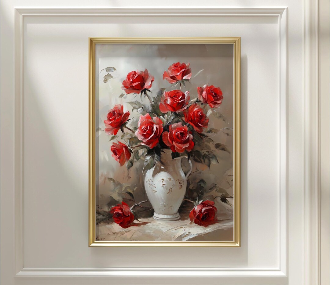 Vintage Style Red Roses Still Life Painting, Red Rose Bouquet in Vase ...