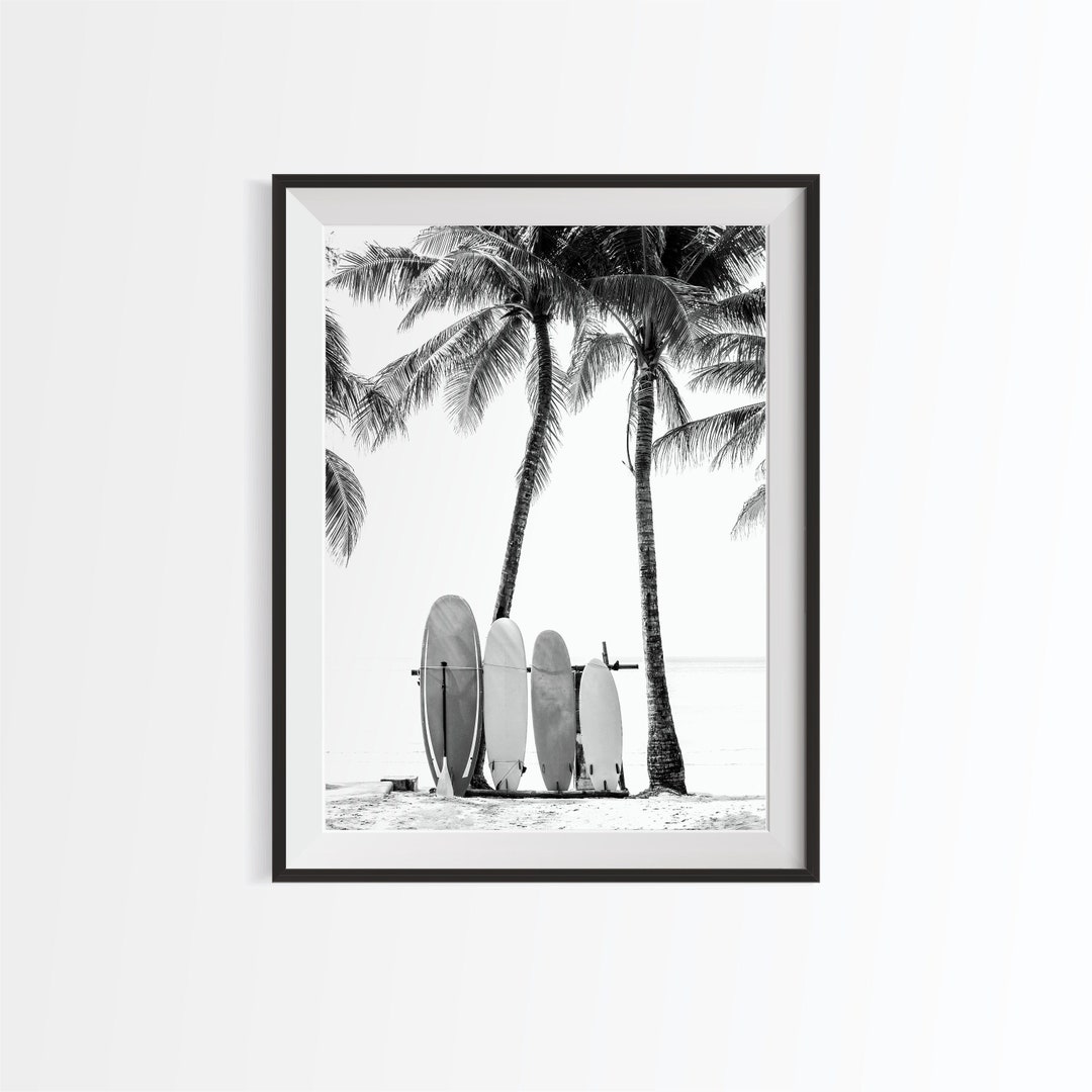 Black and White Surfboards Print, Surf Beach Photography, Palm Tree ...