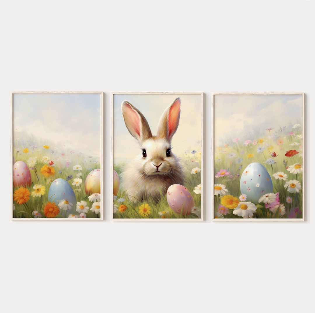 Easter Bunny Prints Set of 3, Spring Rabbit 3 Piece Wall Art, Printable ...