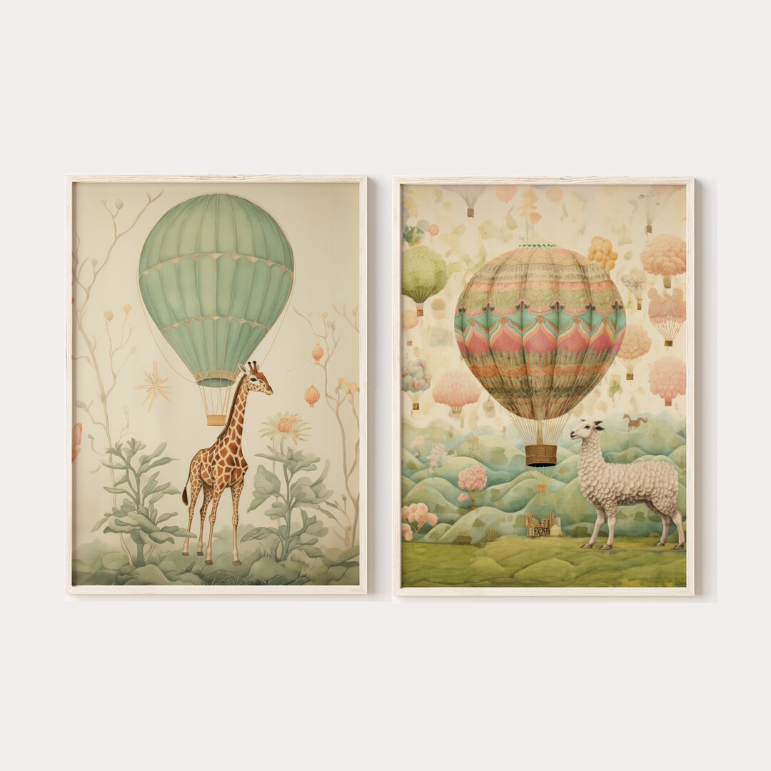 Nursery Hot Air Balloon Prints Set Of 2 Vintage Nursery Room Decor