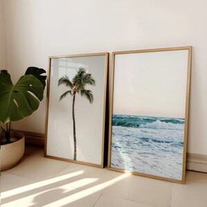 Palm Tree\ Ocean Prints Set of 2, Tropical Coastal Prints, Boho Blue ...